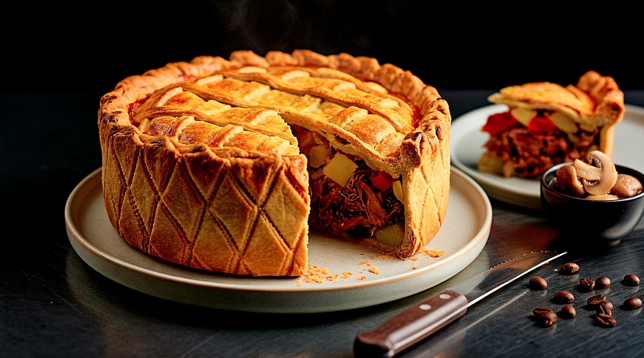 Torta de Carne com Queijo Curado e Picles de Cogumelo - Receita